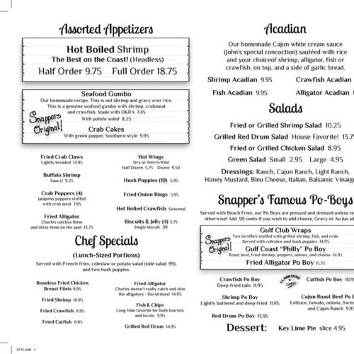 Snapper's Seafood menu in Biloxi, Mississippi, USA