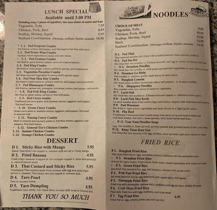 Thai Elephant Walk menus in Gettysburg, Pennsylvania, United States