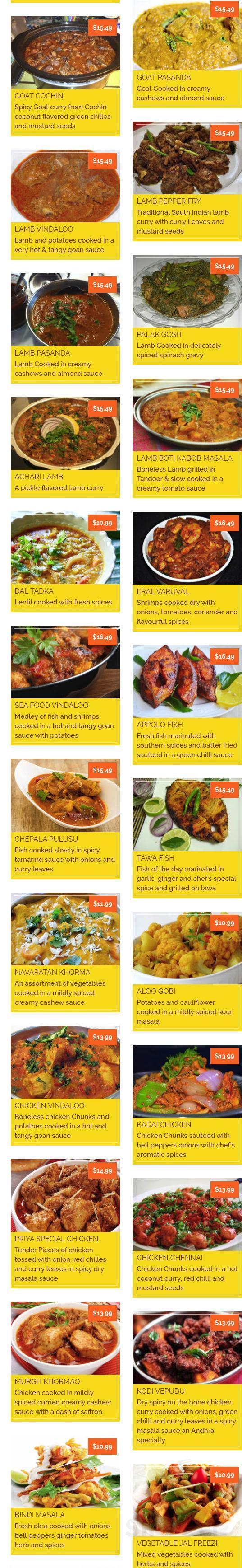 Priya Indian Cuisine menu in Lowell, Massachusetts, USA