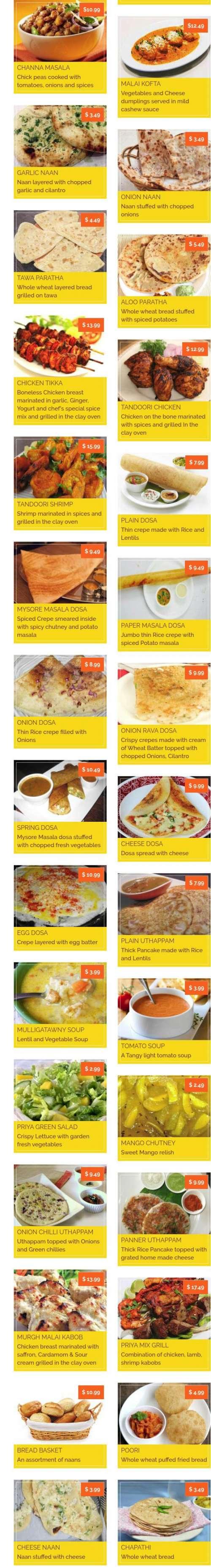 Priya Indian Cuisine menu in Lowell, Massachusetts, USA