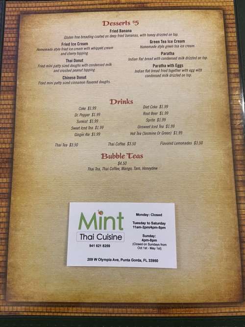Mint Thai Cuisine menu in Punta Gorda, Florida, USA