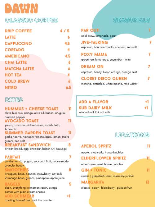 Dawn Cafe + Market menu in Nashville, Tennessee, USA