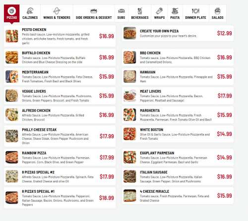 8 Pizzas menu in Boston, Massachusetts, USA