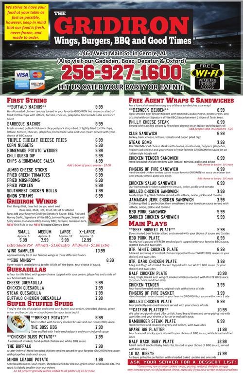 The Gridiron of Centre menu in Centre, Alabama, USA
