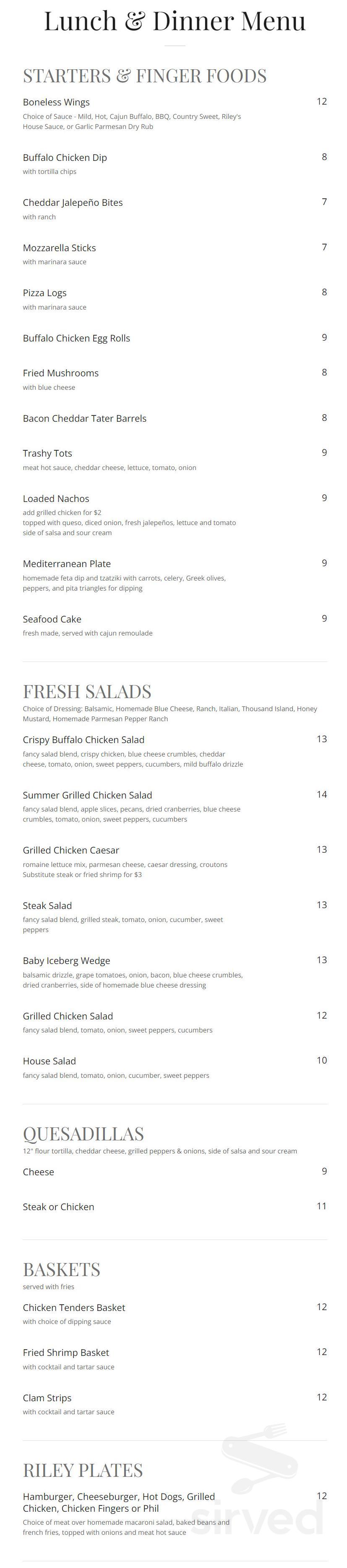 Riley's Bar & Grill menu in North Rose, New York, USA