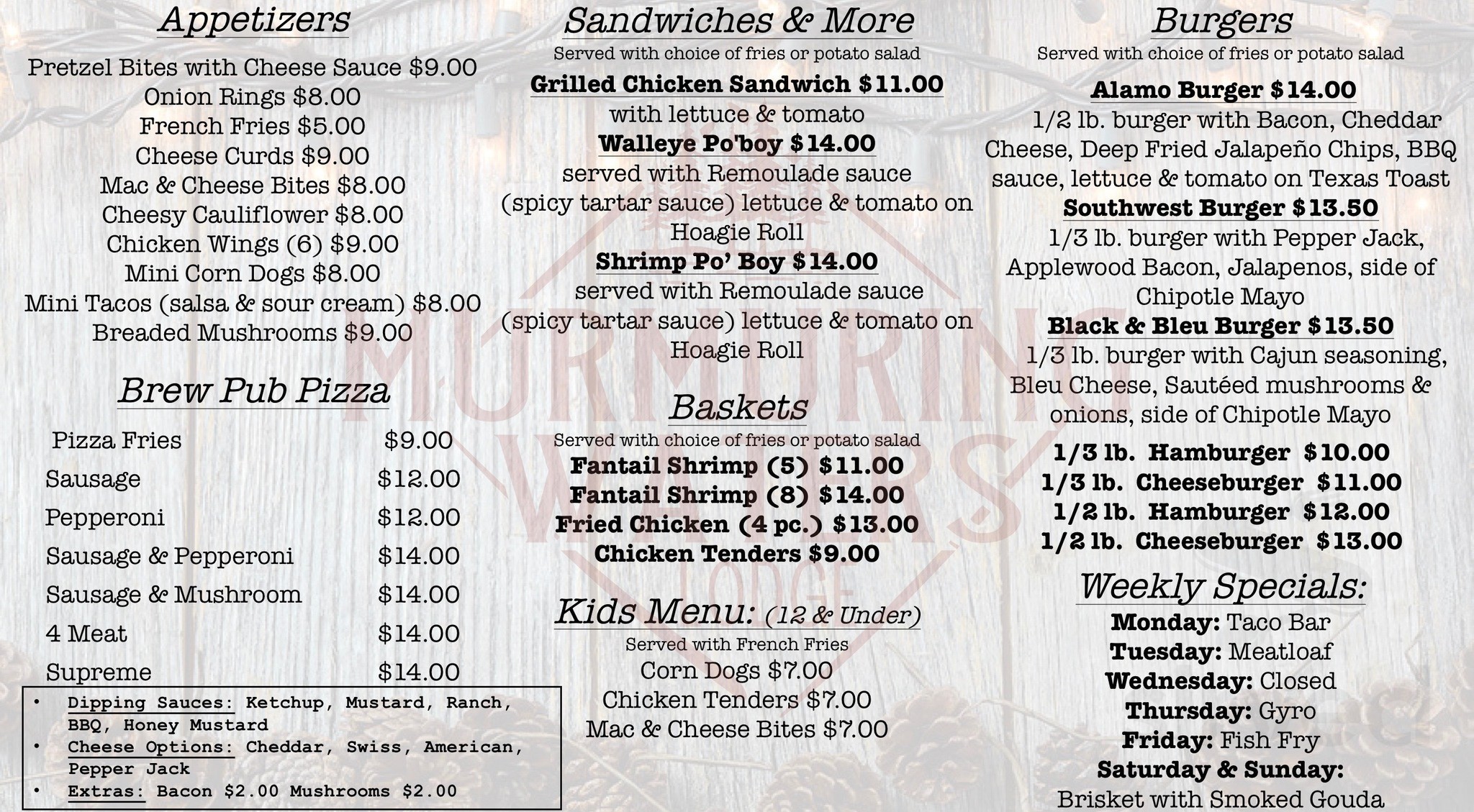 Patti's Murmuring Waters Lodge menu in St Germain, Wisconsin, USA