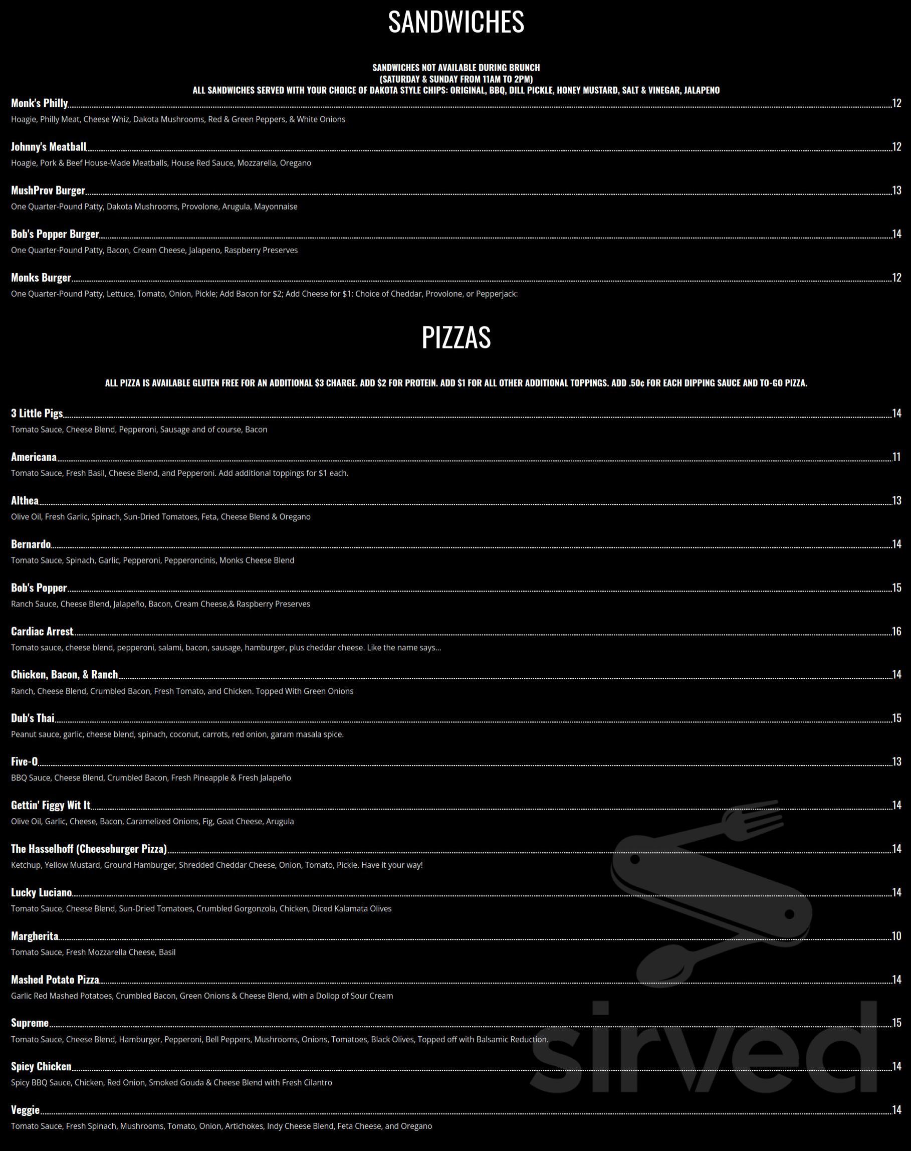 Monk's Ale House menu in Sioux Falls, South Dakota, USA