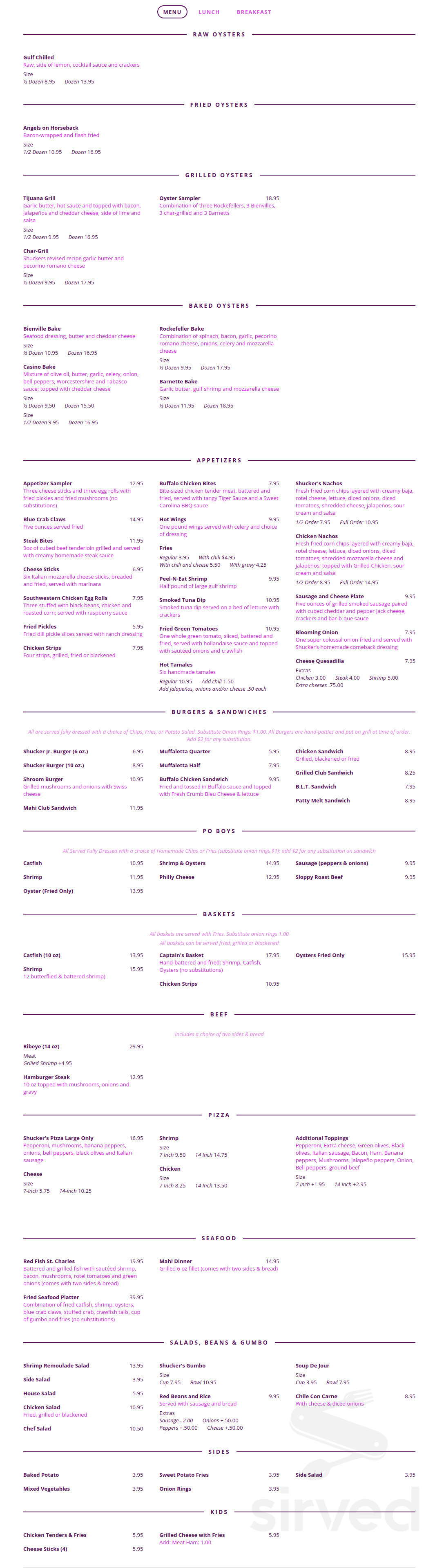 Shucker's Oyster Bar menu in Ridgeland, Mississippi, USA