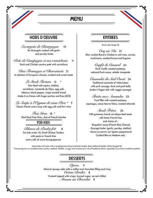 Once Upon A Time In France menu in Nashville, Tennessee, USA