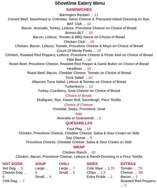 Showtime Eatery menu in Barrington, Illinois, USA