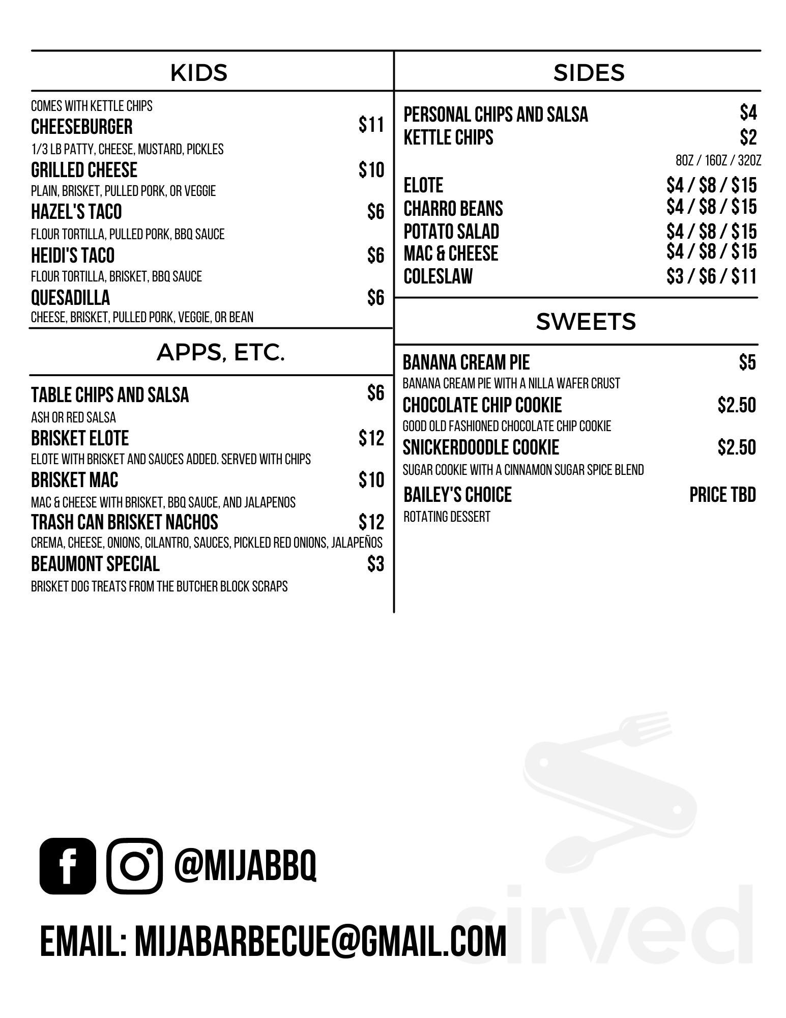 Mija Barbecue menu in Cedar Hill, Texas, USA
