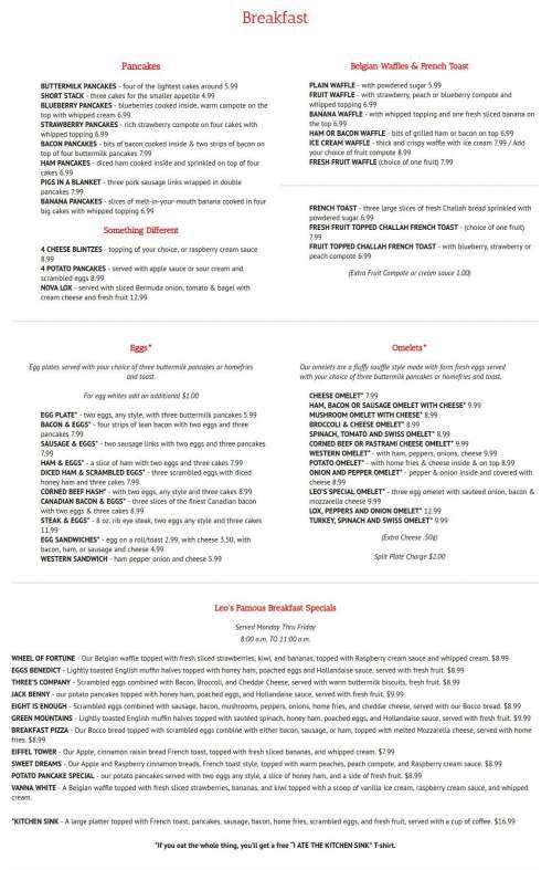 Leo's Restaurant menu in Middlebury, Connecticut, USA