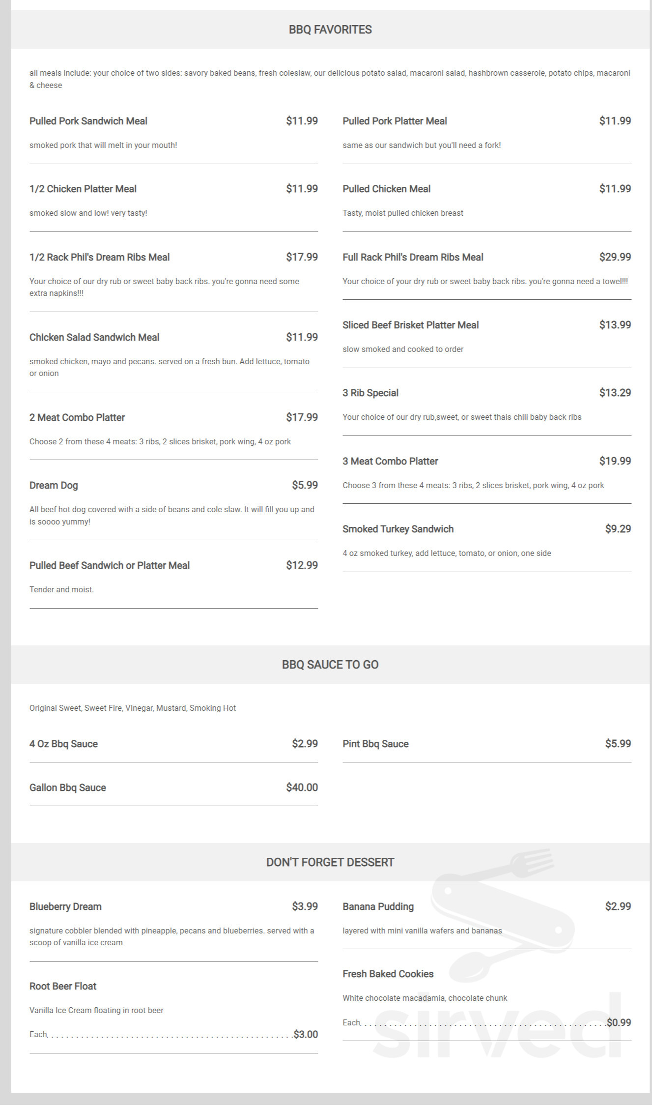 Phil's Dream Pit menu in Kingsport, Tennessee, USA