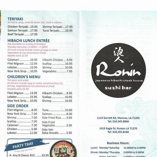 Ronin Steak House & Sushi menu in Monroe, Louisiana, USA
