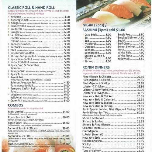 Ronin Steak House & Sushi menu in Monroe, Louisiana, USA