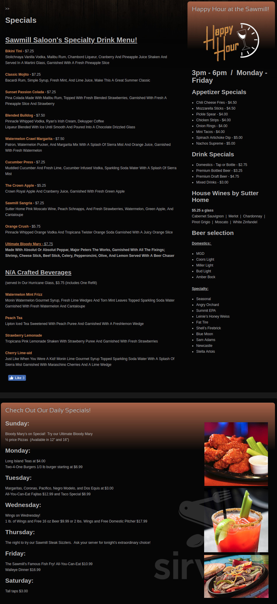 Sawmill Saloon & Restaurant menu in Virginia, Minnesota, USA