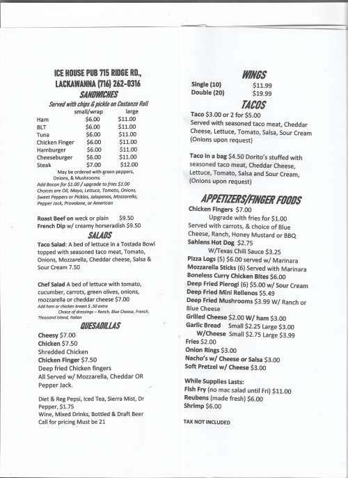 Ice House Pub menu in Lackawanna, New York, USA
