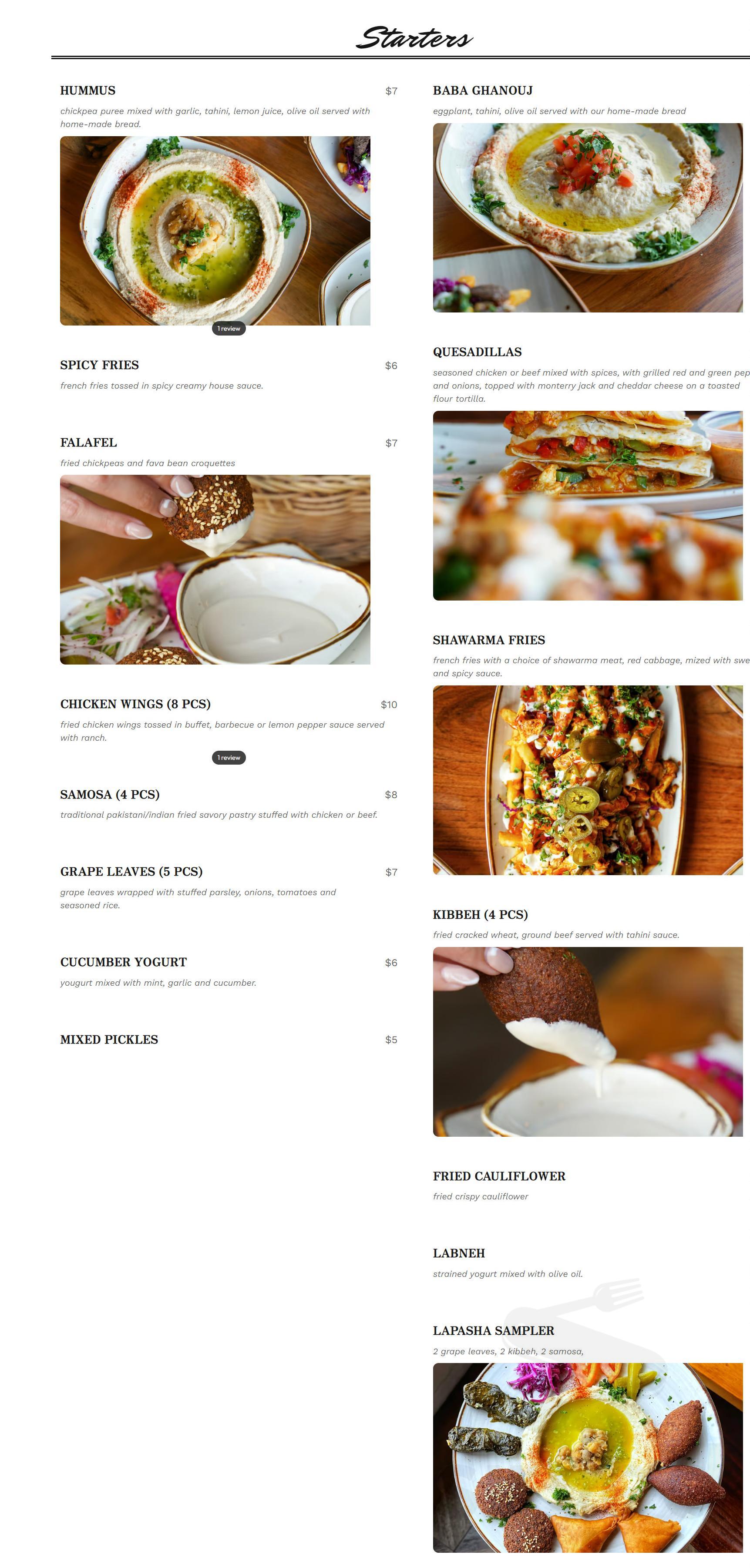 LaPasha Lounge & Grill menu in Houston, Texas, USA