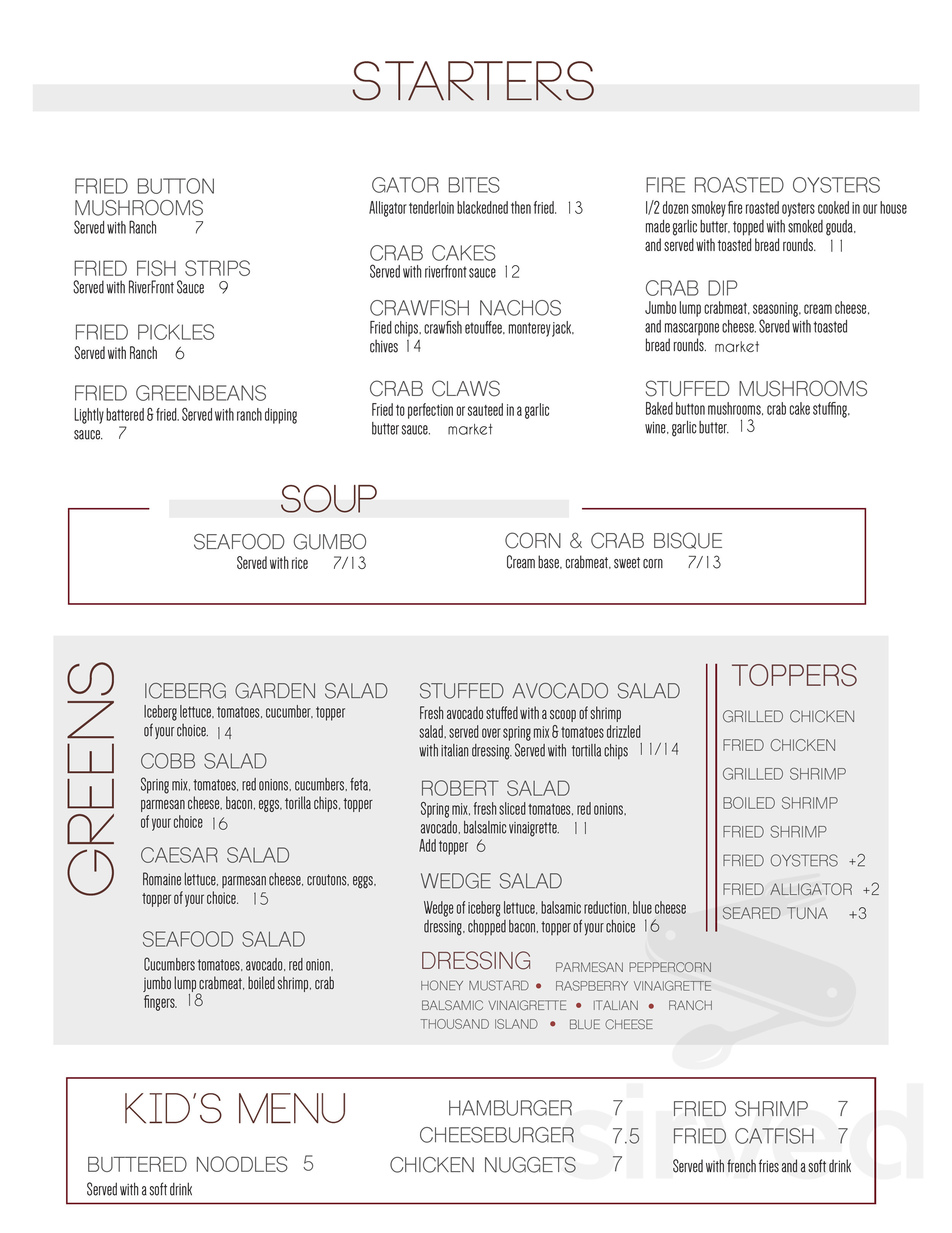 RiverFront menu in Abbeville, Louisiana, USA