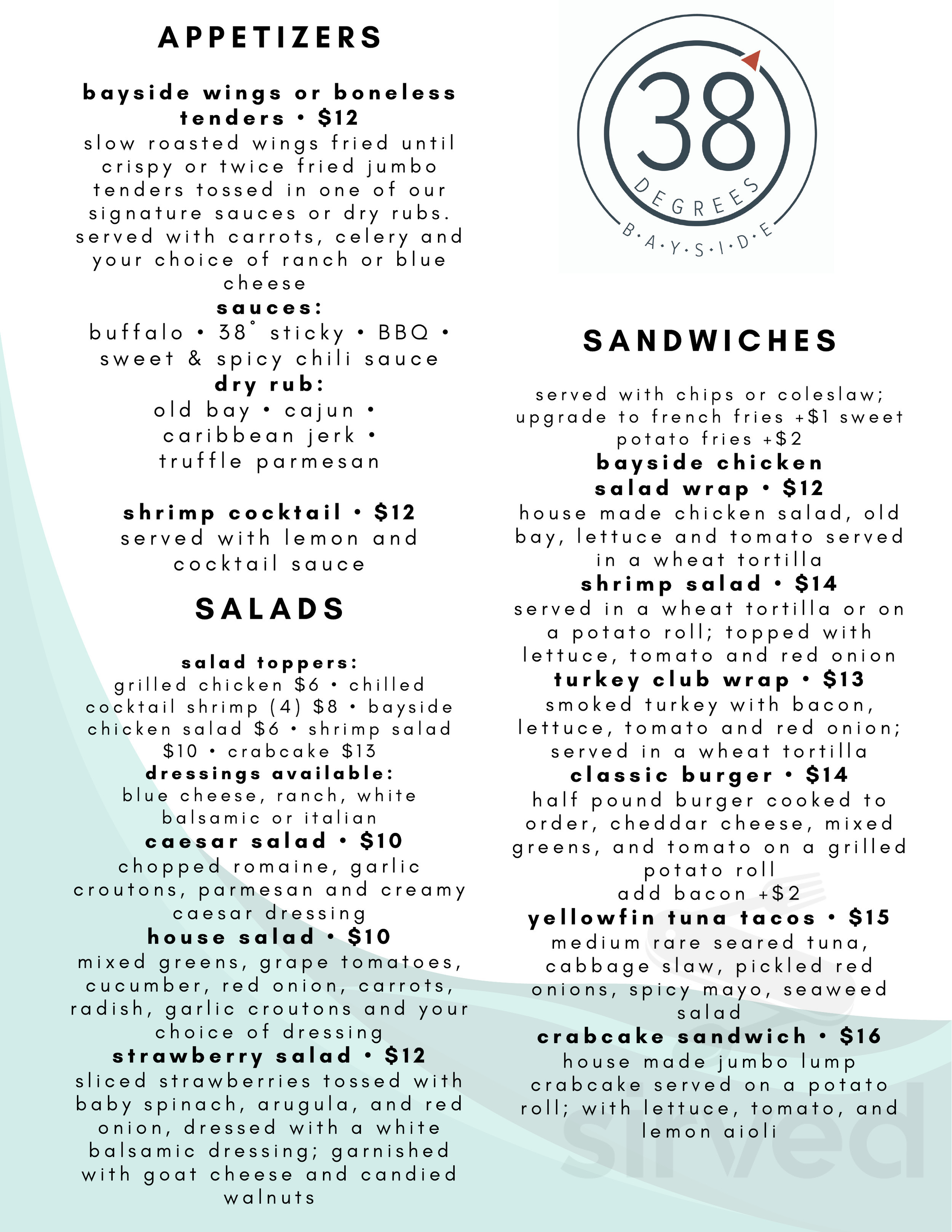 Menu for 38 Degrees Bayside in Selbyville, DE | Sirved