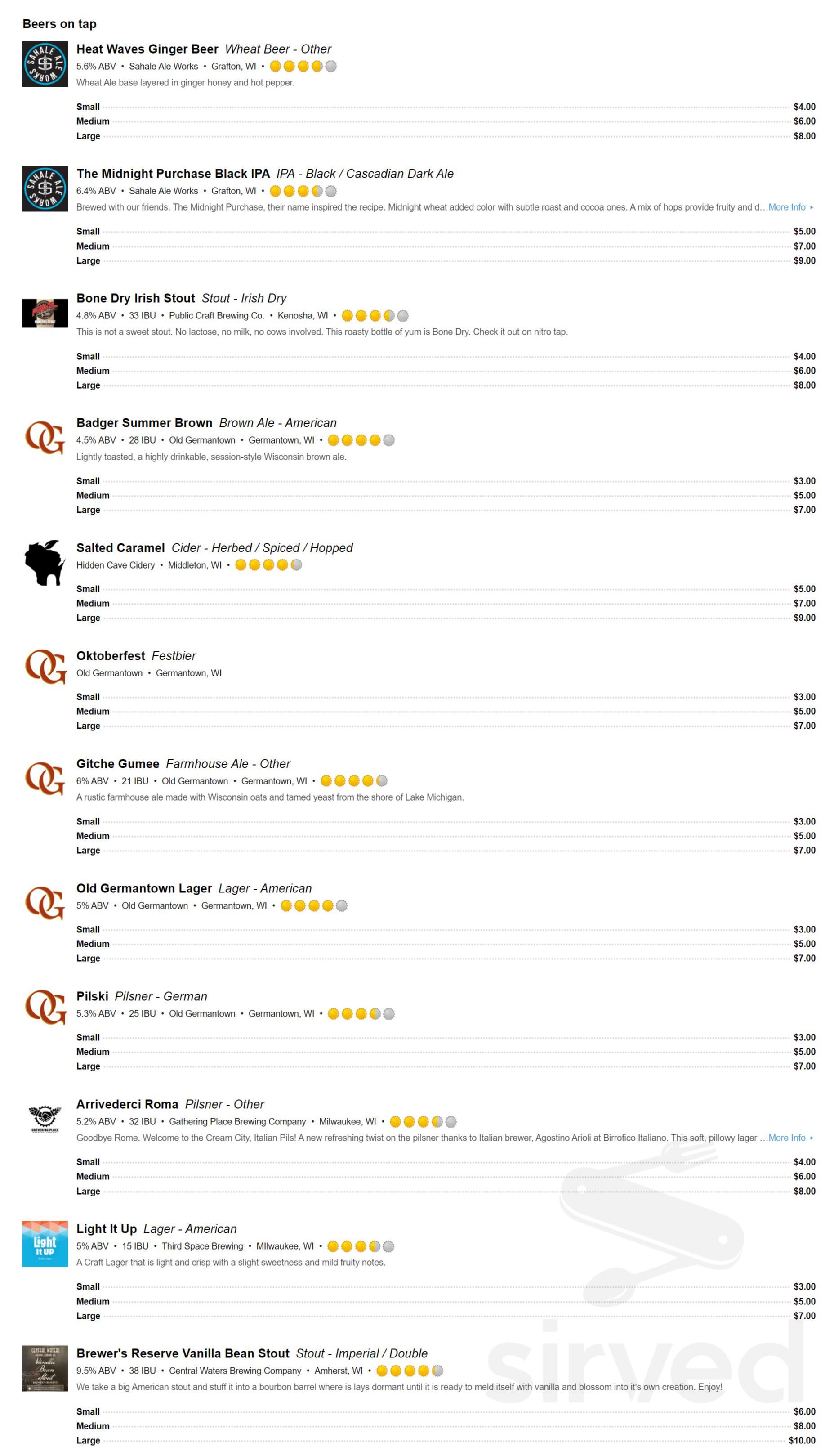 Old Germantown menu in Germantown, Wisconsin, USA