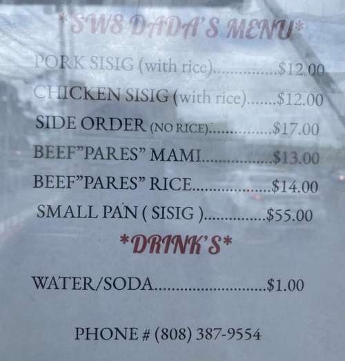 Sw8 dada's Sizzling Sisig menu in Waipahu, Hawaii, USA