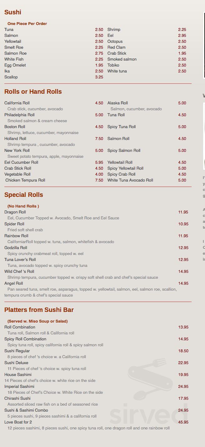 Wild Chef Japanese Steakhouse menu in Holland, Michigan, USA