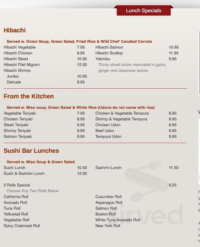 Wild Chef Japanese Steakhouse menu in Holland, Michigan, USA