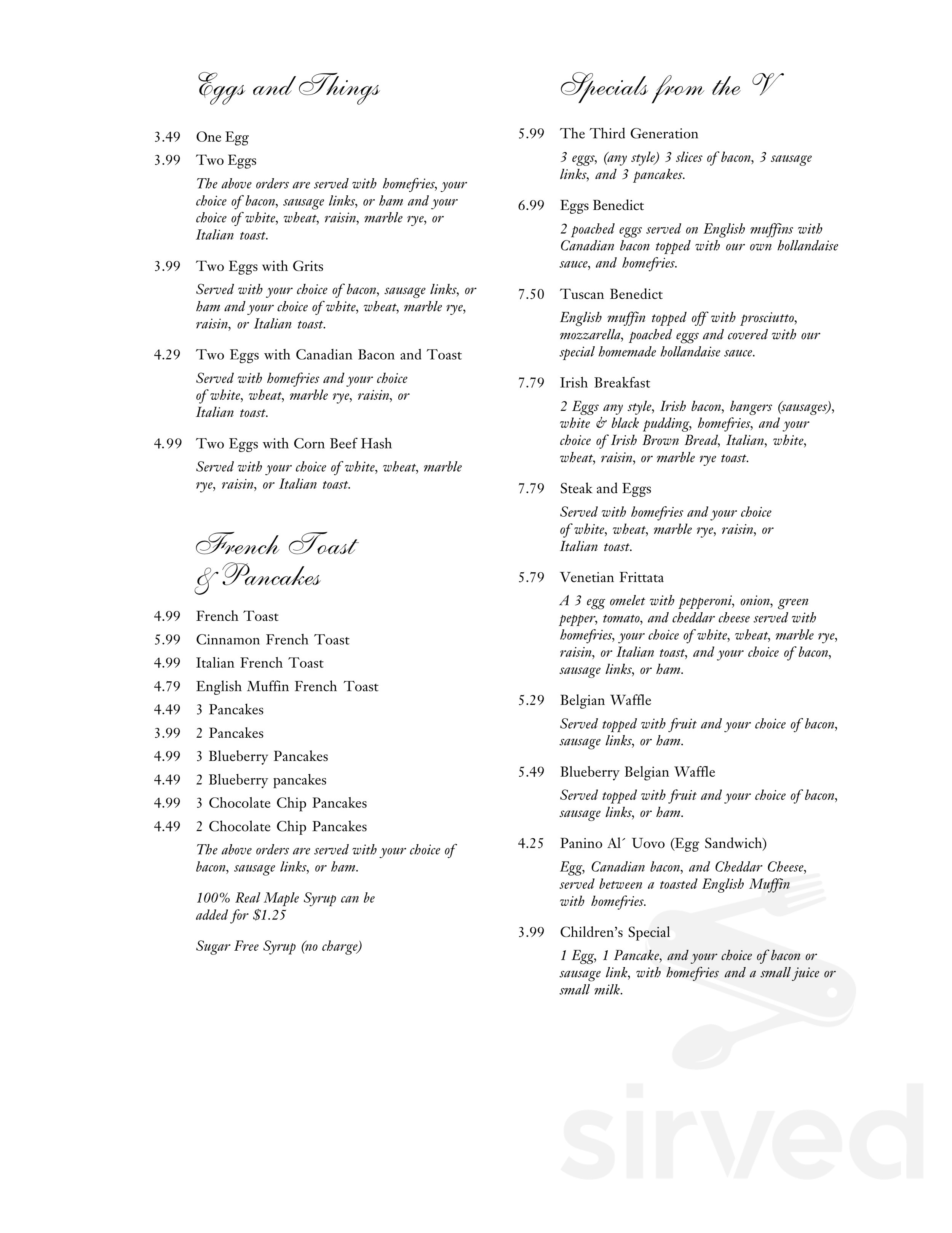 The Venetian menu in Weymouth, Massachusetts, USA