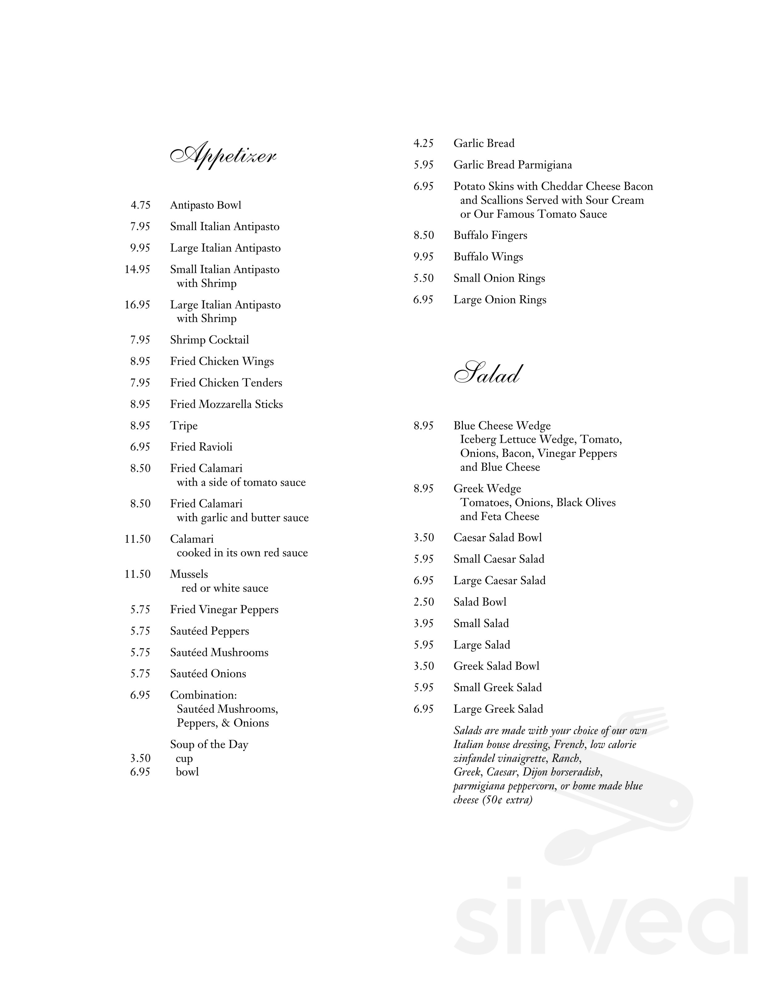 The Venetian menu in Weymouth, Massachusetts, USA