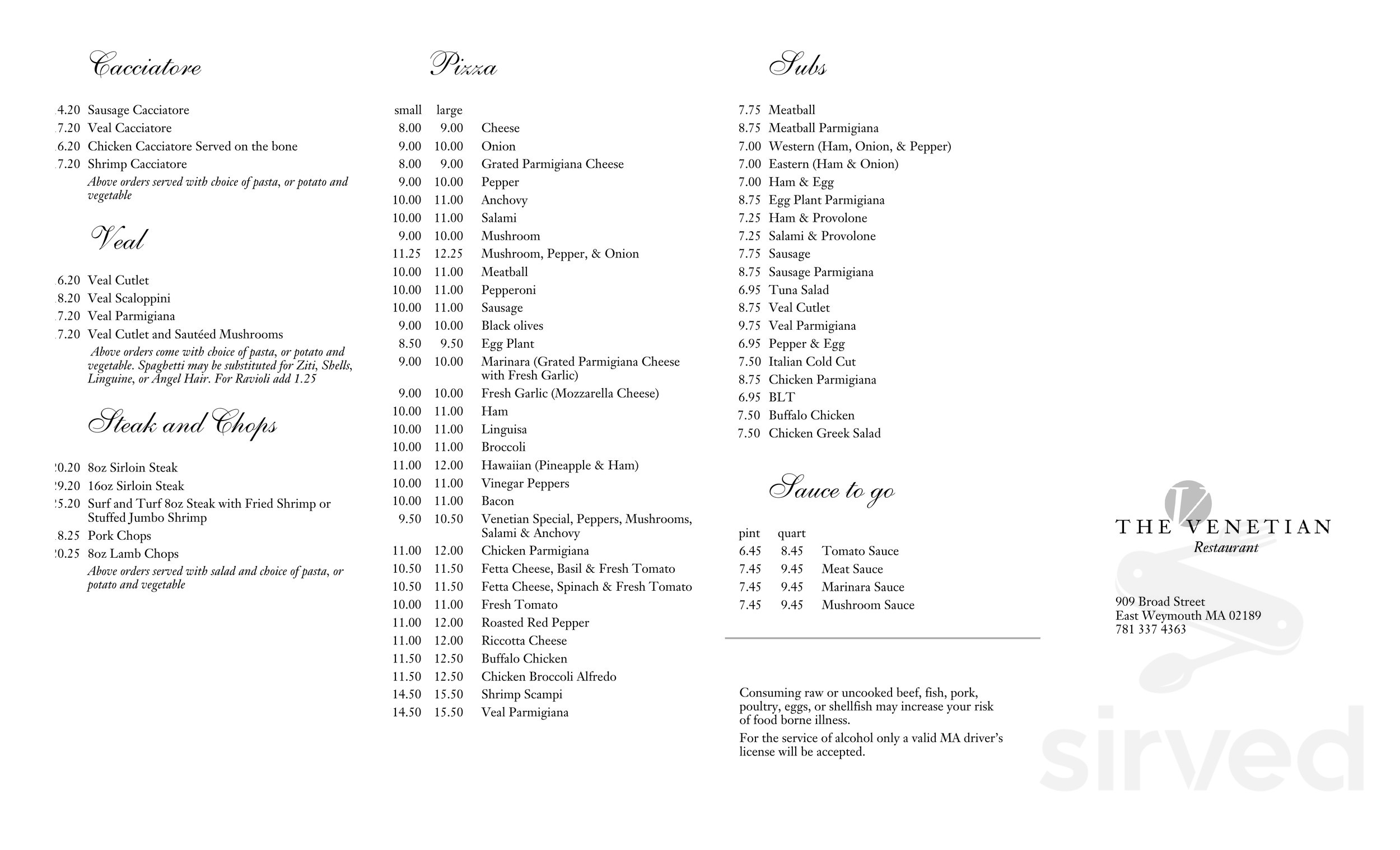 The Venetian menu in Weymouth, Massachusetts, USA