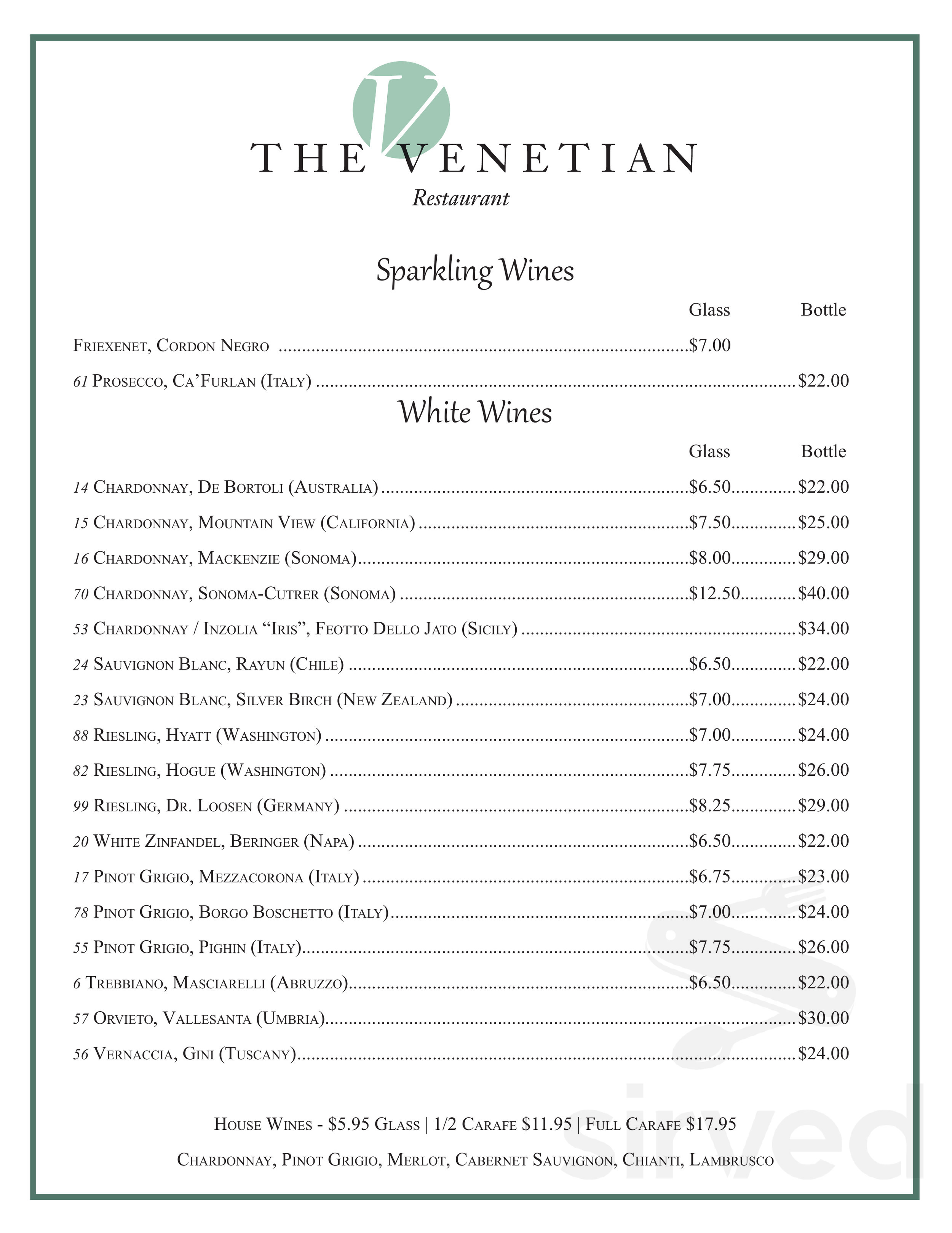 The Venetian menu in Weymouth, Massachusetts, USA