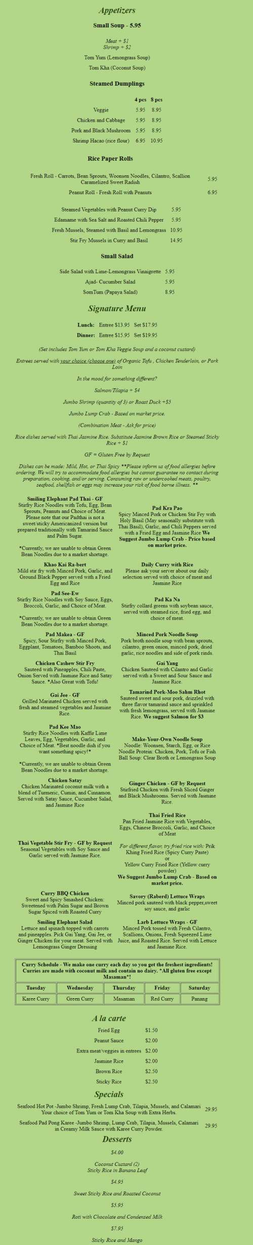 The Smiling Elephant menu in Nashville, Tennessee, USA