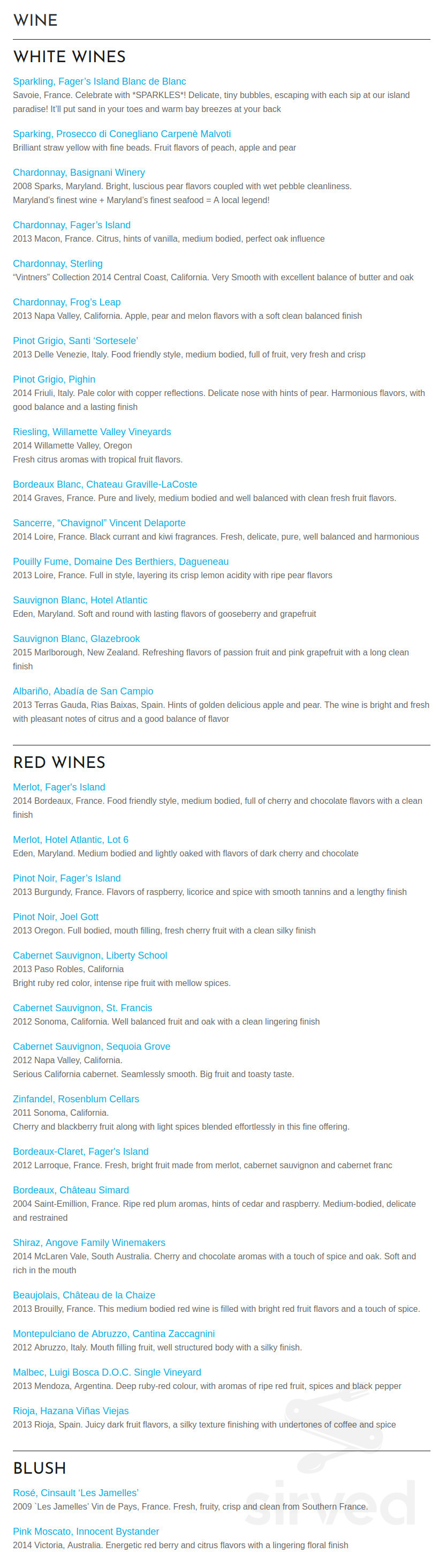 Fager's Island menu in Ocean City, Maryland, USA