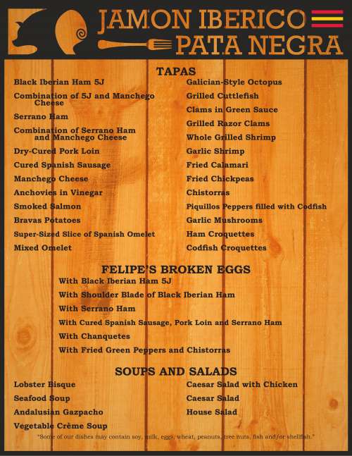 Jamon Iberico Pata Negra Restaurant menu in Miami, Florida, USA