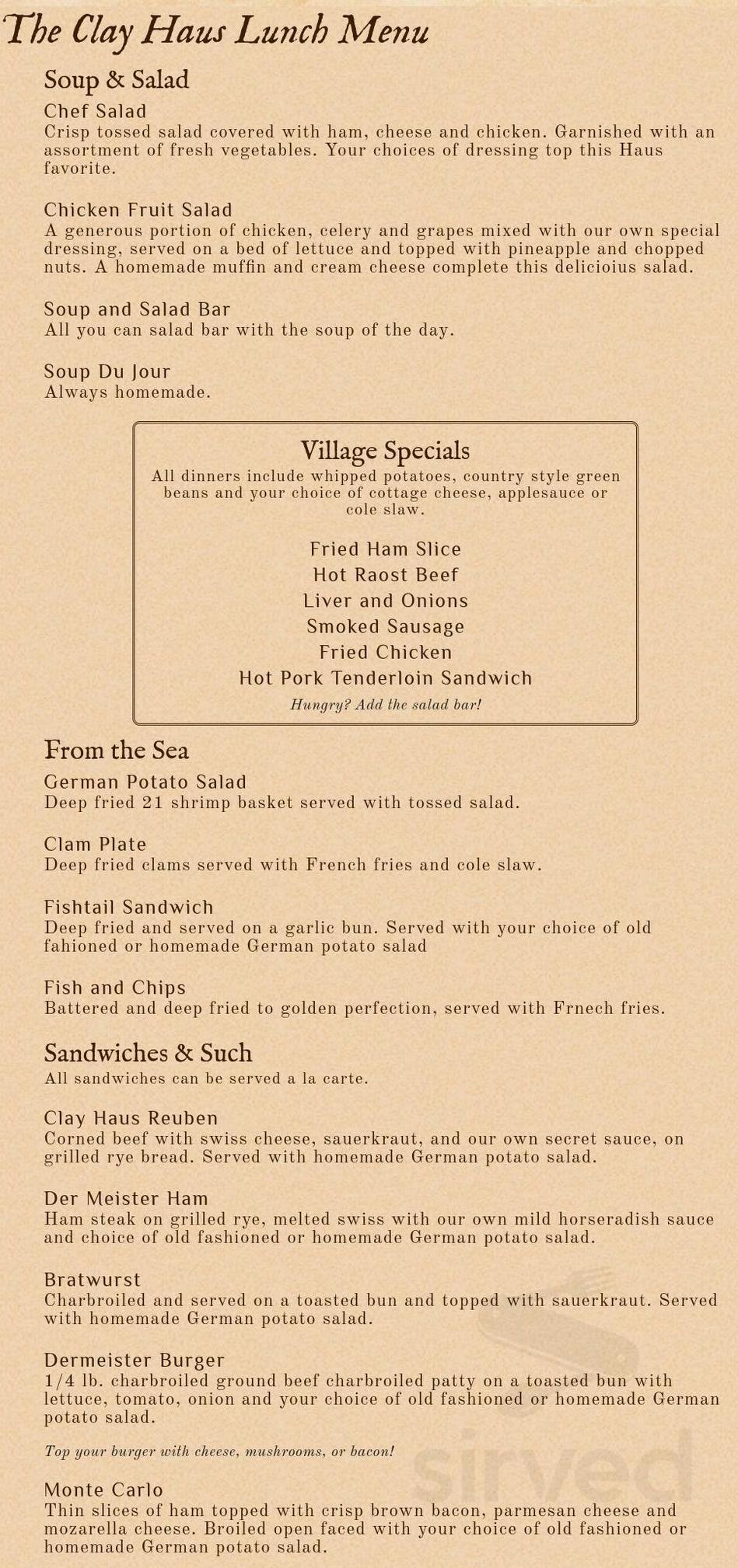 Clay Haus menu in Somerset, Ohio, USA