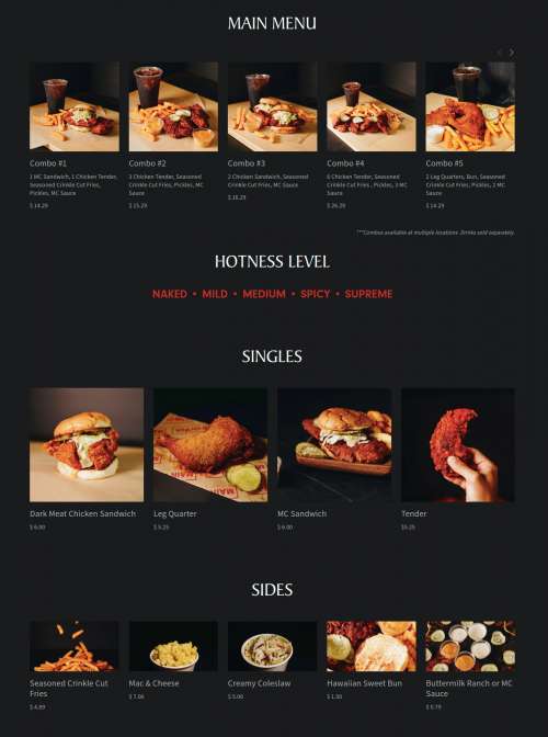 Main Chick Hot Chicken menu in Woodland Hills, California, USA