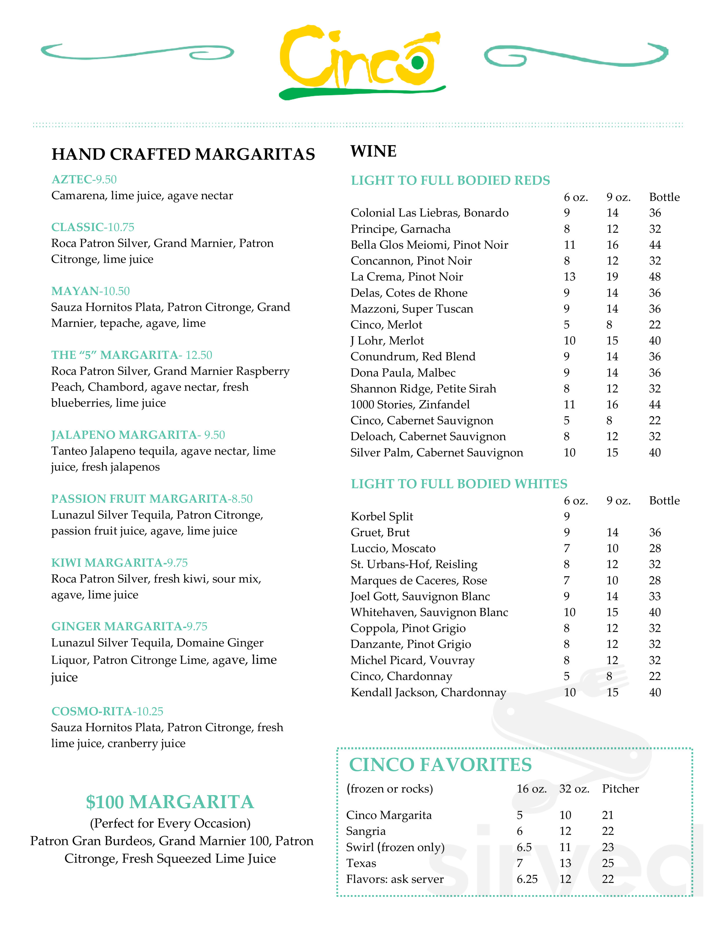 Cinco Mexican Cantina menu in Atlanta, Georgia, USA