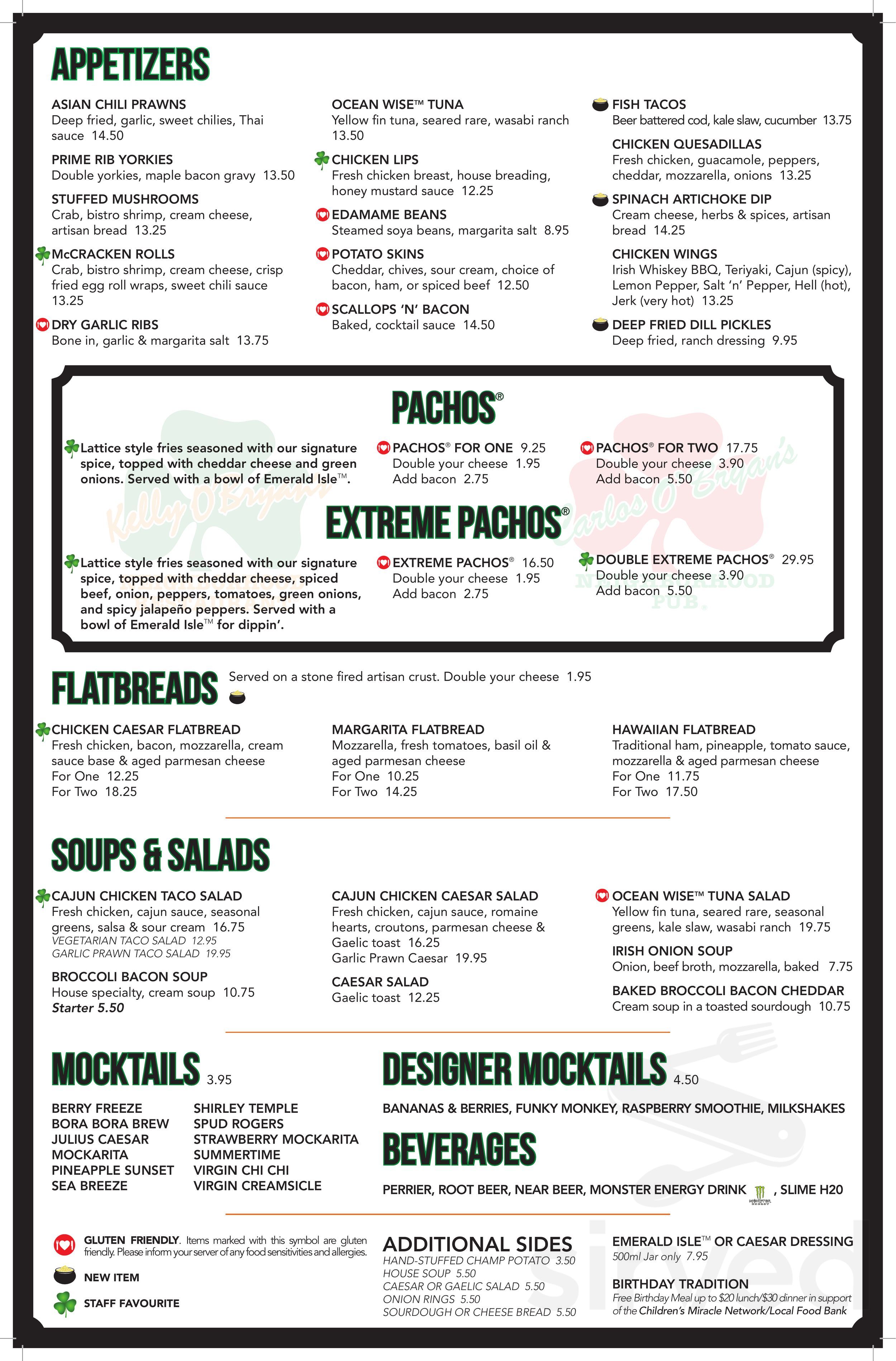 Menu for Kelly O'Bryan's Restaurant in Vernon, BC | Sirved