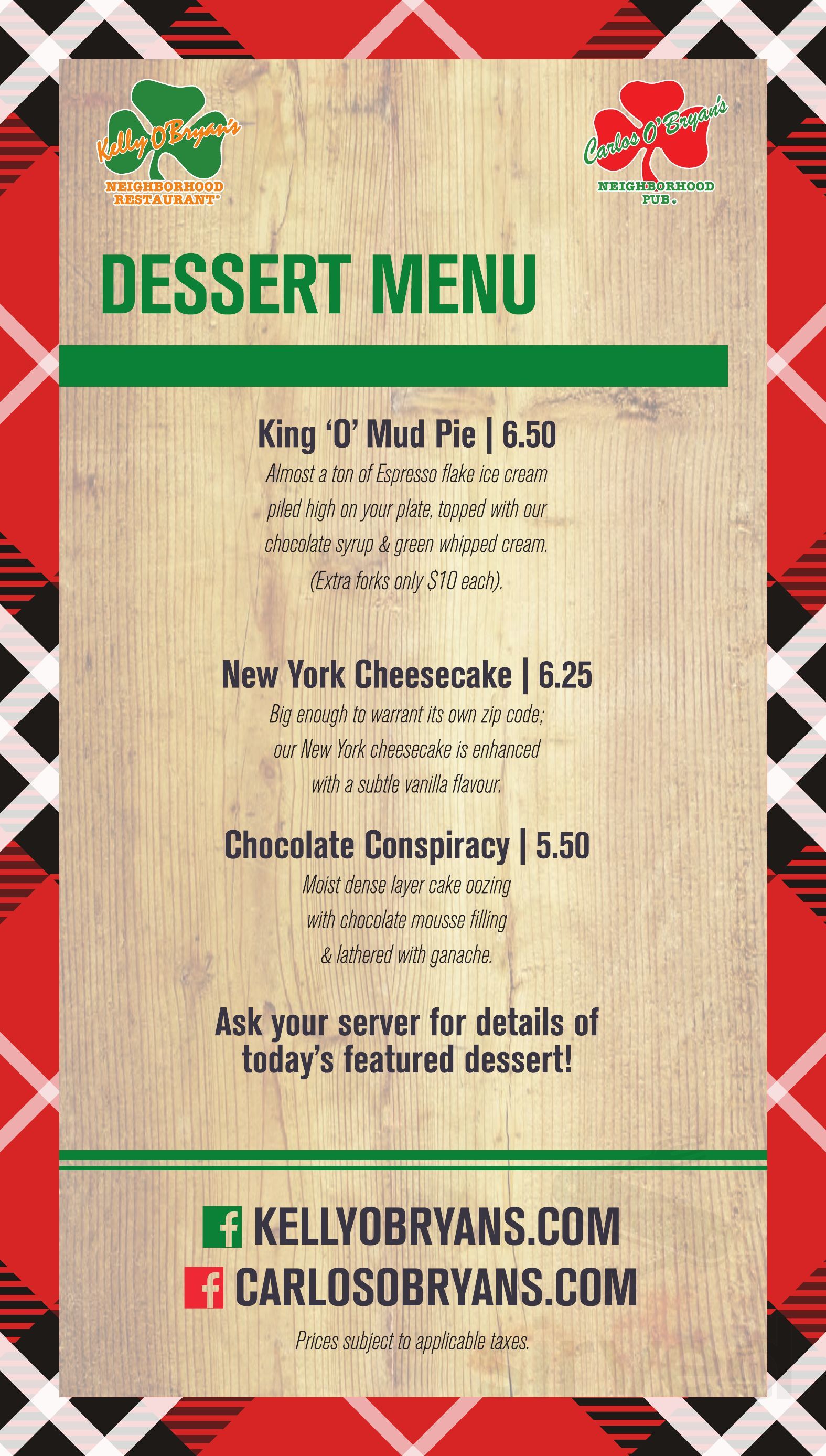 Kelly O'Bryan's Restaurant menus in Vernon, British Columbia, Canada