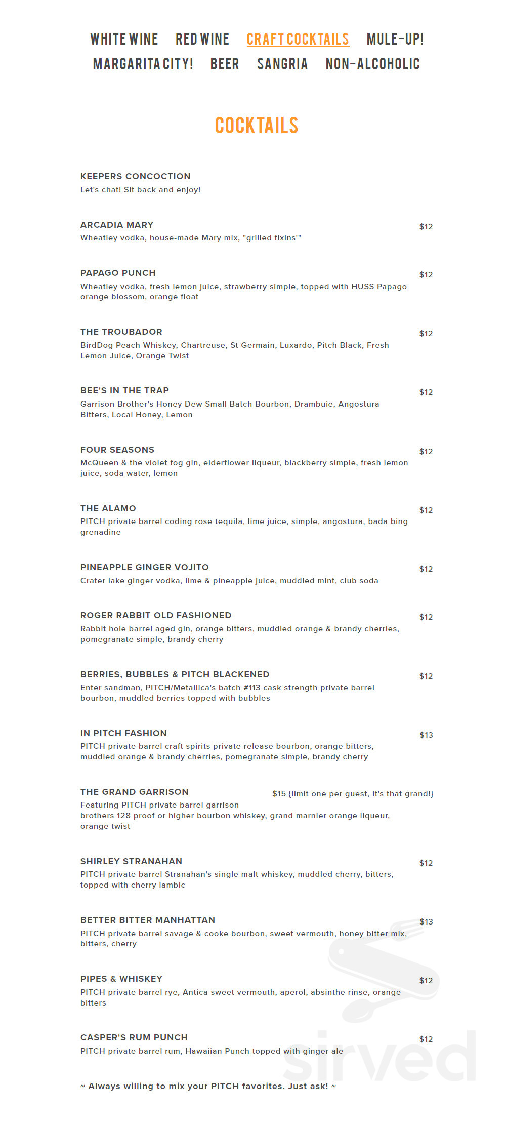 Menu for Pitch in Scottsdale, AZ | Sirved