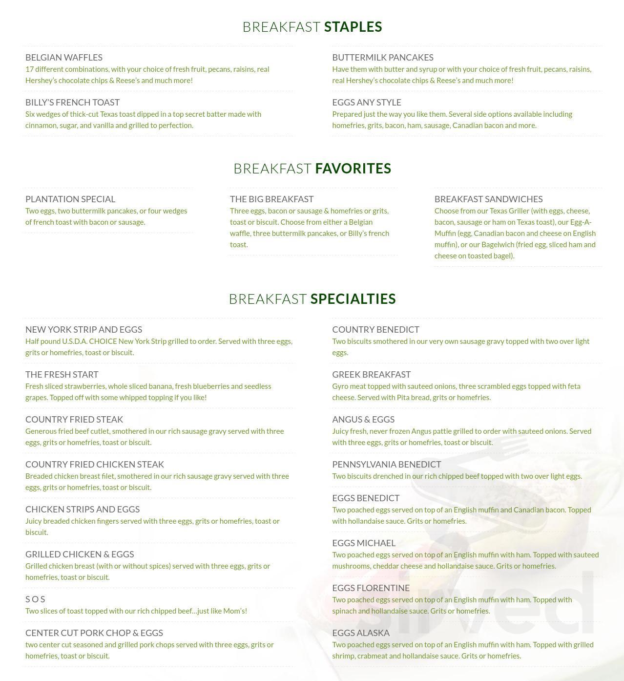 Menu - Surfside Beach SC's Plantation Pancake House | Sirved