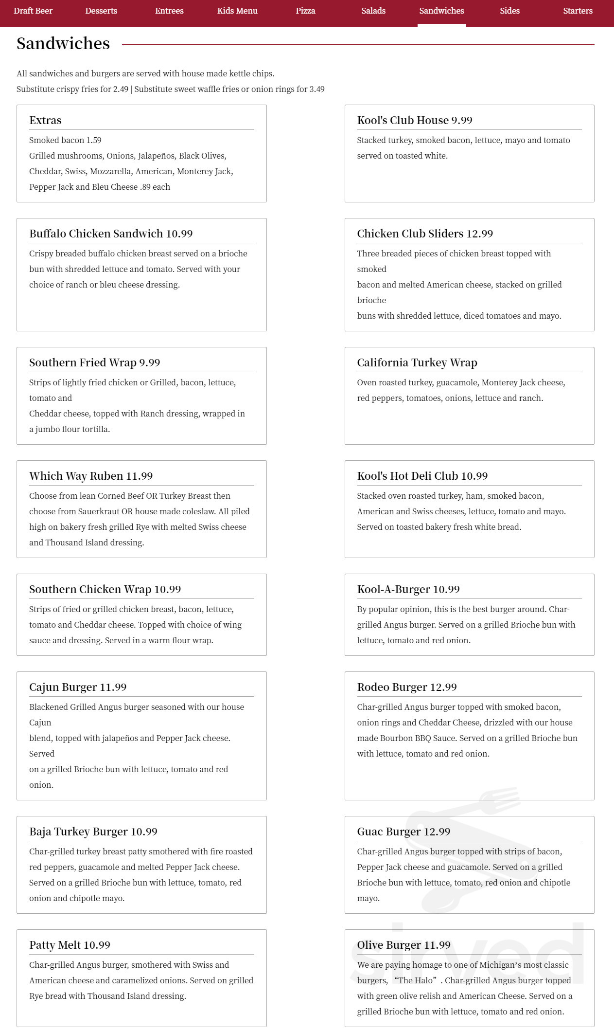 Joe Kool's Brighton menu in Brighton, Michigan, USA