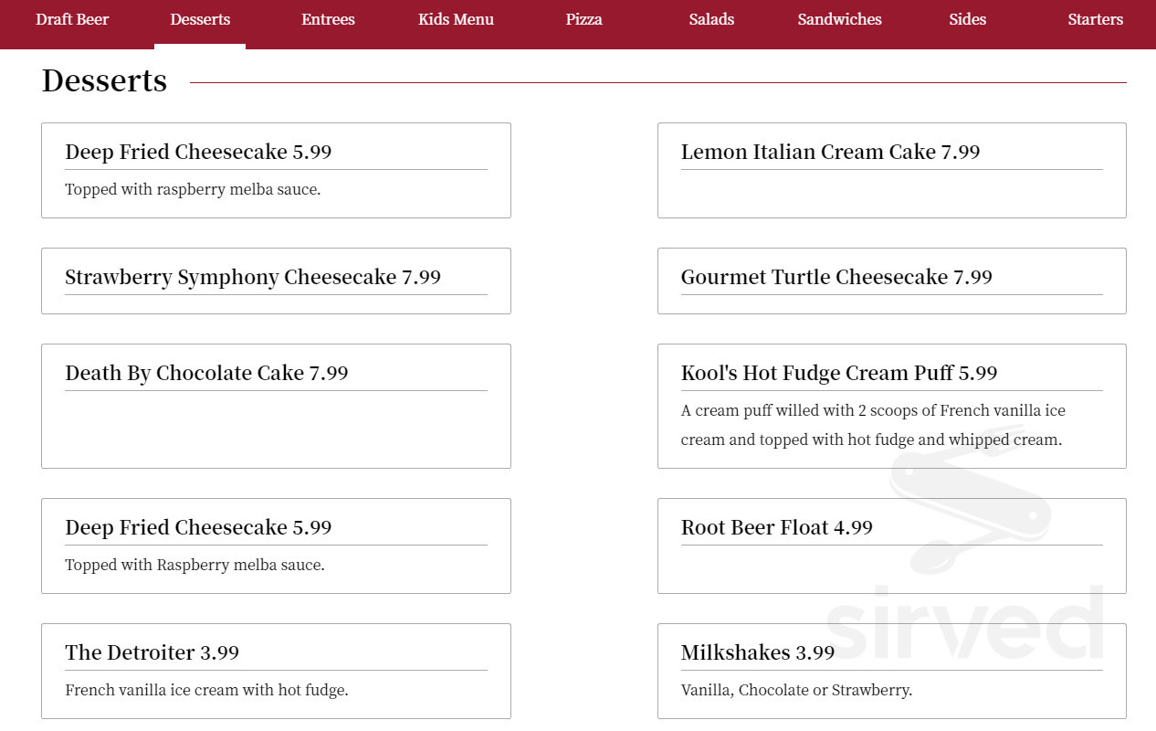 Joe Kool's Brighton menu in Brighton, Michigan, USA