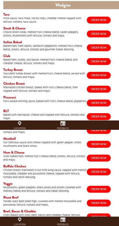 Fox's Pizza Den menu in Roaring Spring, Pennsylvania, USA