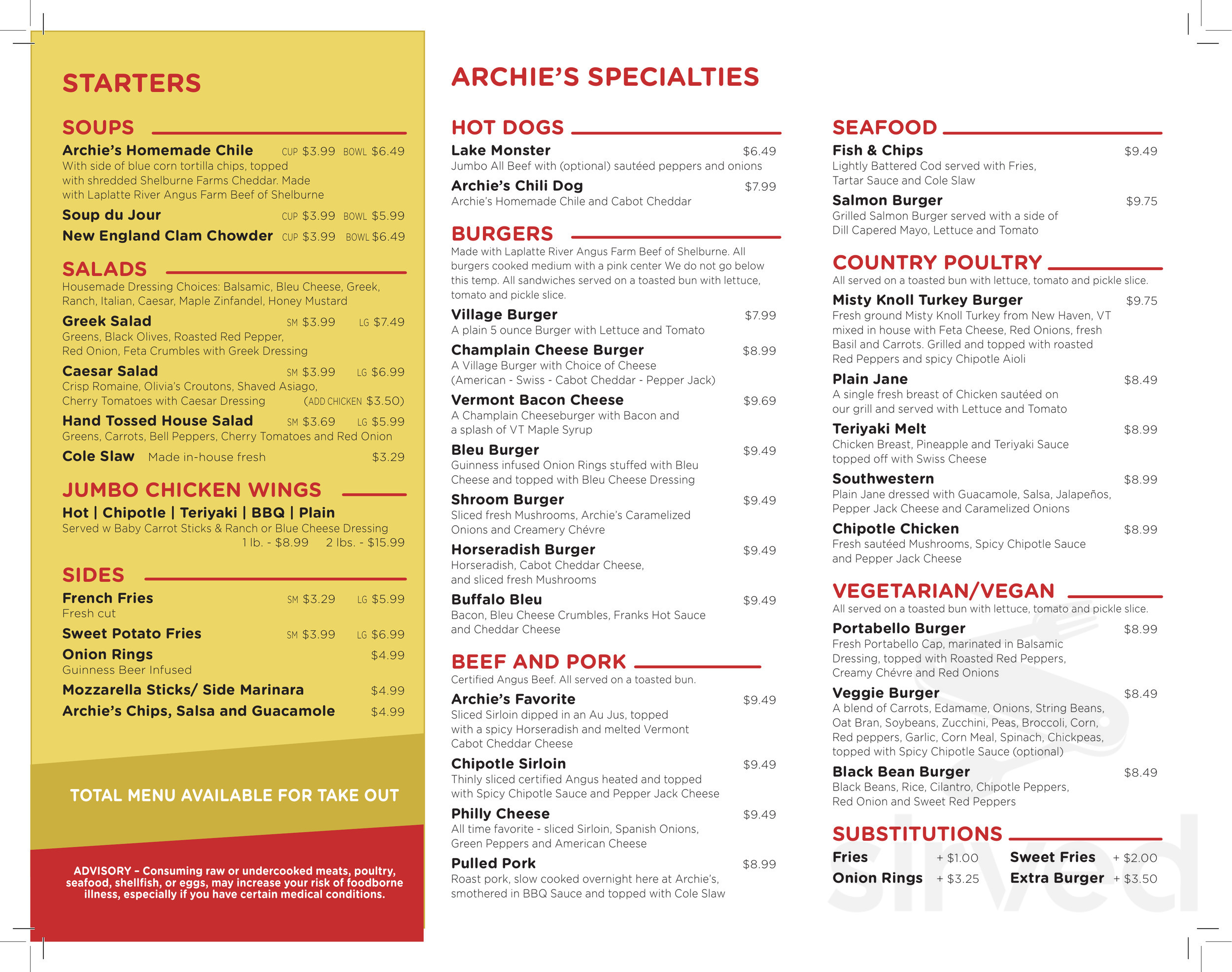 Menu - Shelburne VT's Archie's Grill | Sirved