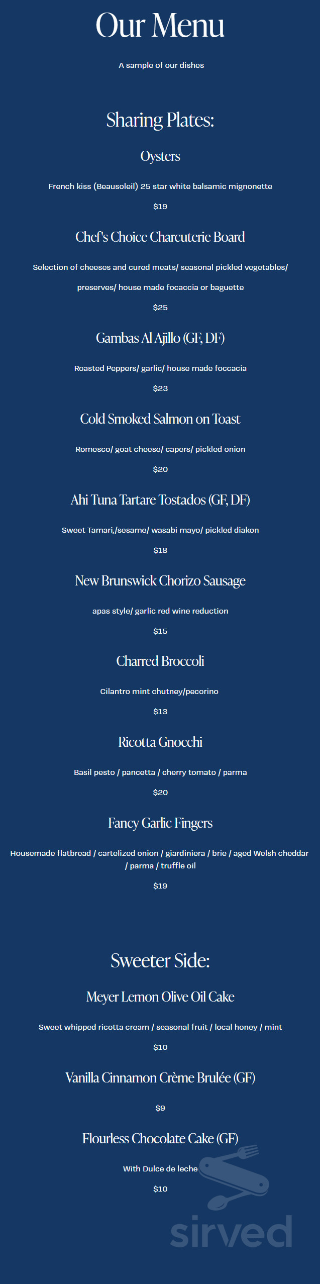 Treadwell Inn menu in St. Andrews, New Brunswick, Canada