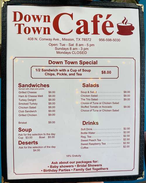 Downtown Cafe menu in Mission, Texas, USA