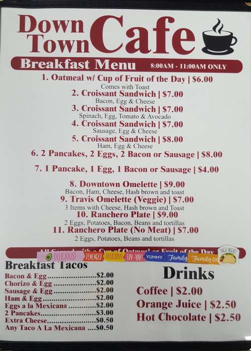 Downtown Cafe menu in Mission, Texas, USA