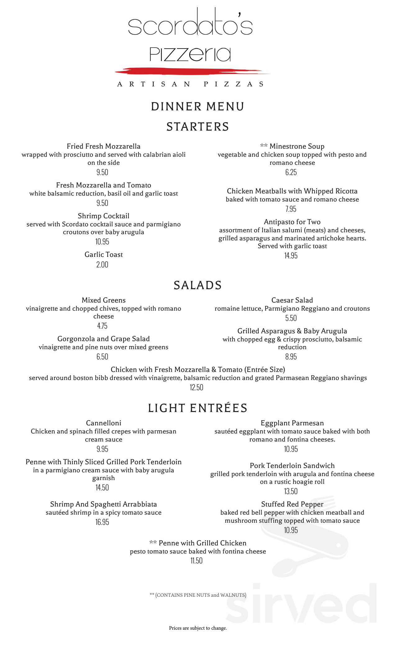 Scordato's Pizzeria menu in Tucson, Arizona, USA